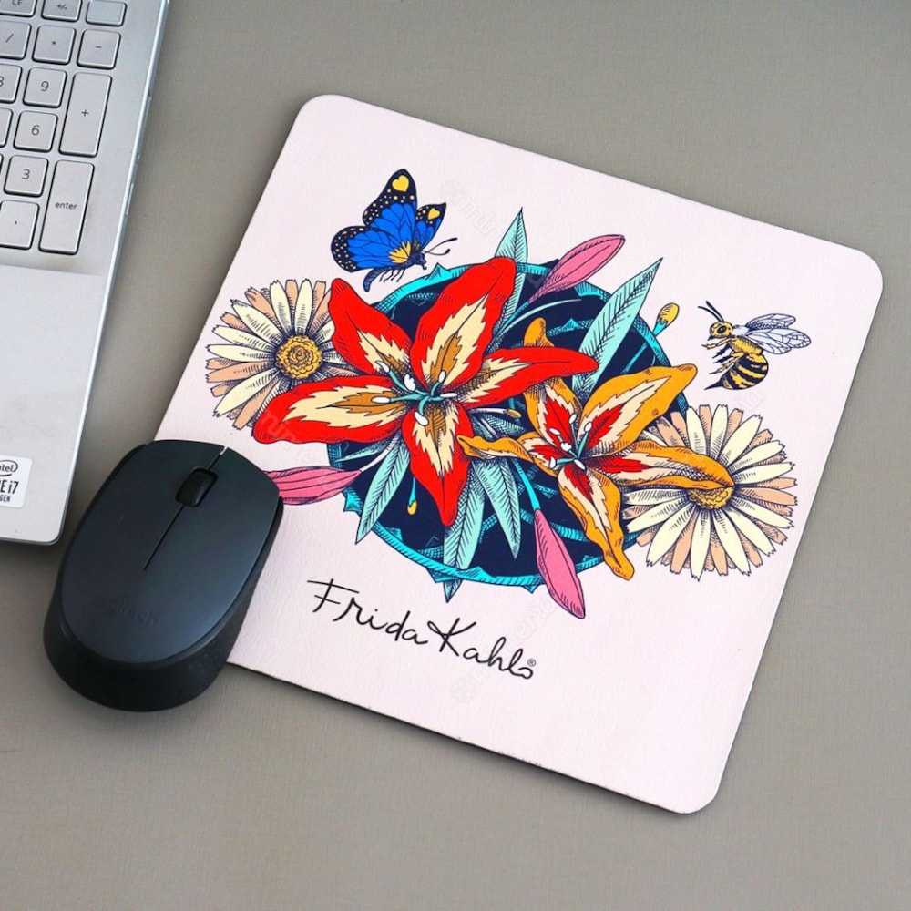 Mouse Pad Frida Kahlo Flores, Borboleta e Abelha